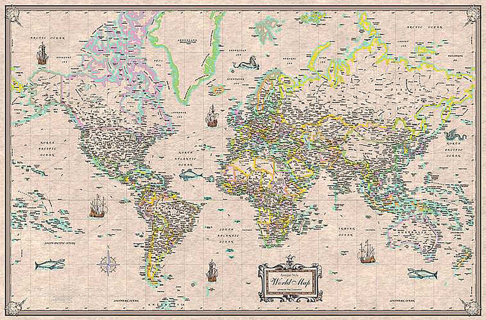 World Antique-Look Wall Map by Kappa Map Group – Texas Map Store